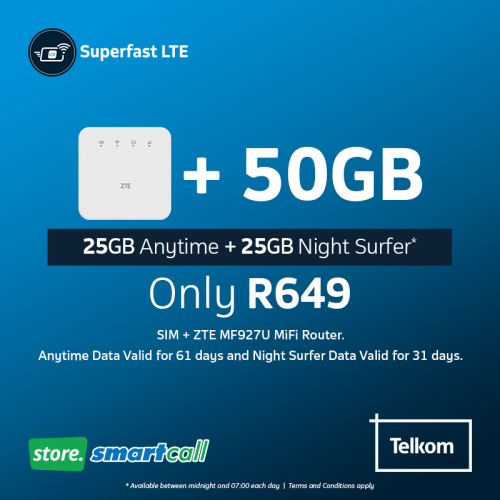 ZTE MF927U MiFi Router + 50GB Telkom LTE Data
