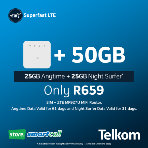 ZTE MF927U MiFi Router + 50GB Telkom LTE Data